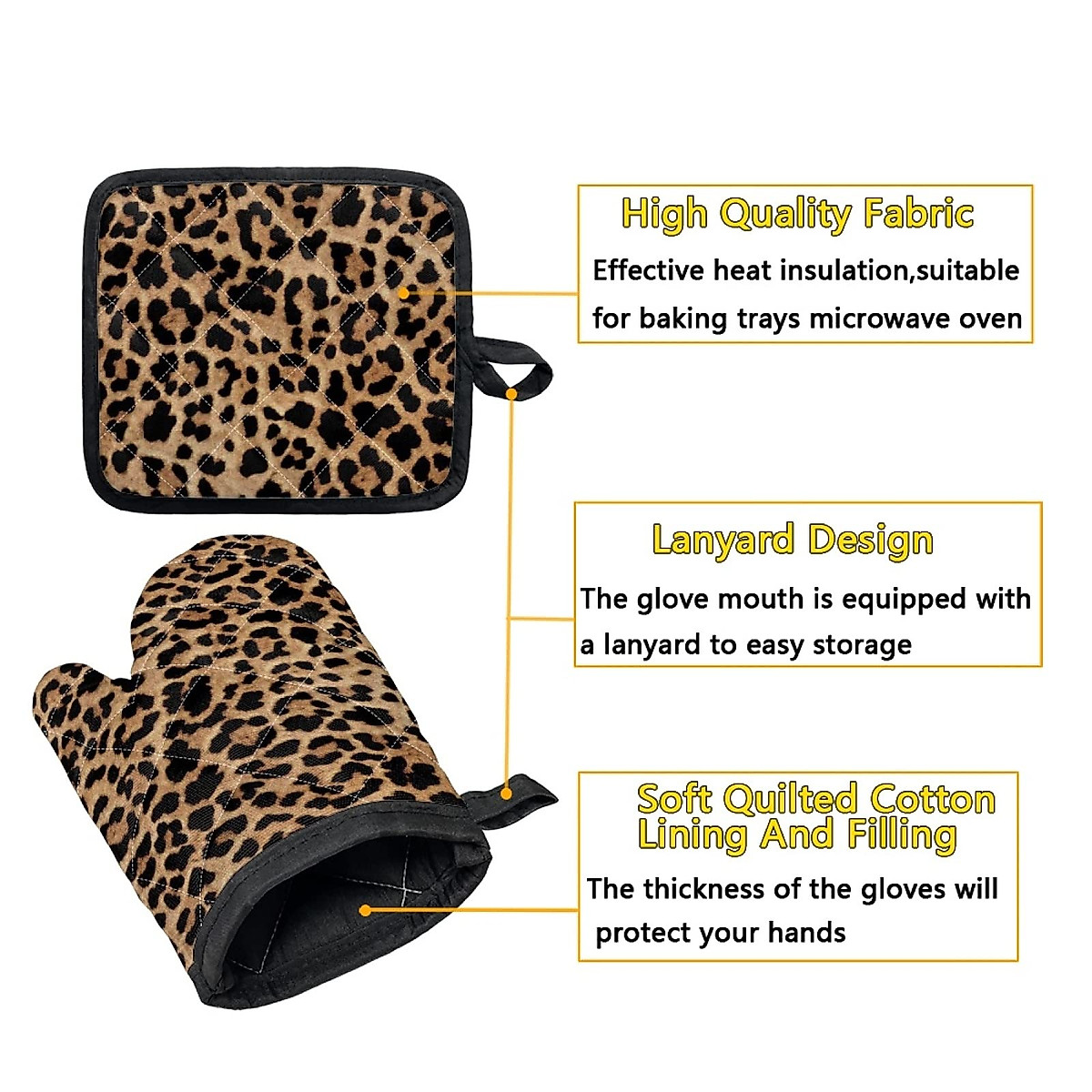 Jiueut 4 Pcs Brown Leopard Print Oven Mitts and Pot Holders Set,Heat Resistant Non-Slip Cheetah Kitchen Glove and Potholder for Cooking,Baking,Grilling