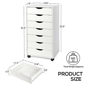 TUSY White 7-Drawer Dresser, Tall Chest of Drawers with Caster Wheels, Storage Cabinet for Bedroom, Living Room