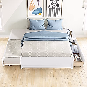 OPTOUGH Full Size Platform Bed with Trundle and 2 Drawers, Solid Wood Full Kids Beds, White