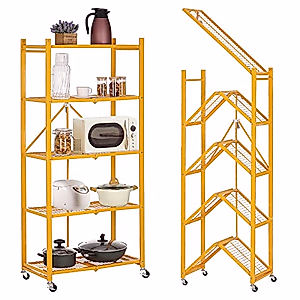 ShanSon Storage Shelves with Wheels 5 Tier Heavy Duty Foldable Metal Rack Storage Shelving Units for Garage Kitchen，Yellow