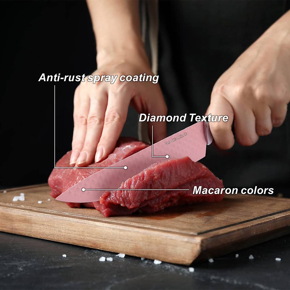 CHUYIREN Pink Knife Set of 6, Pink Kitchen Knives Sets with Knife Block, Chef Knife Set for Kitchen, Camping, Dorm, Picnicking, BBQ Dining Products