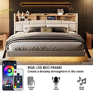 ANCTOR Floating King Bed Frame with Charging Station, Tall Bookcase Headboard, Solid Wood Slats Support, No Box Spring Needed, Easy to Assemble