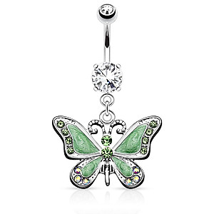 Pierced Owl 14GA Stainless Steel CZ Crystal Butterfly Dangling Belly Button Ring (Green)