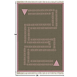 Casavani Hand Block Printed Area Rug Geometric Green & Pink Cotton Dhurrie Washable Kitchen Rugs with Tassels for Bedroom,Laundry,Living Room,Porch 4x6 5x8 2x3 Feet