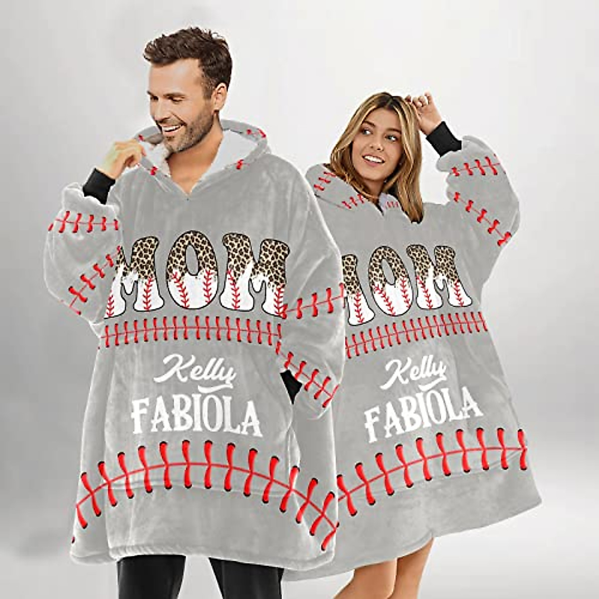 Baseball Mama Leopard Lace Mom Grey Personalized Sherpa Blanket Hoodie Wearable Blanket Oversized Hoodie Blanket Gift for Adult Women Men Teens