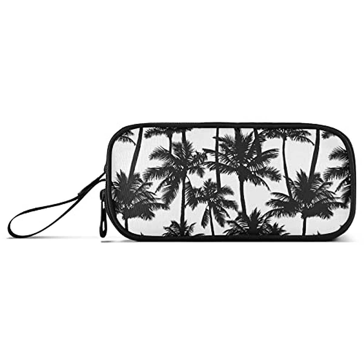 Black Palm Trees Seamless On White Pencil Case, Pen Marker Stationery Bag Holder Pencil Bag Storage Pouch for School College Zipper Pouch Case Office Portable
