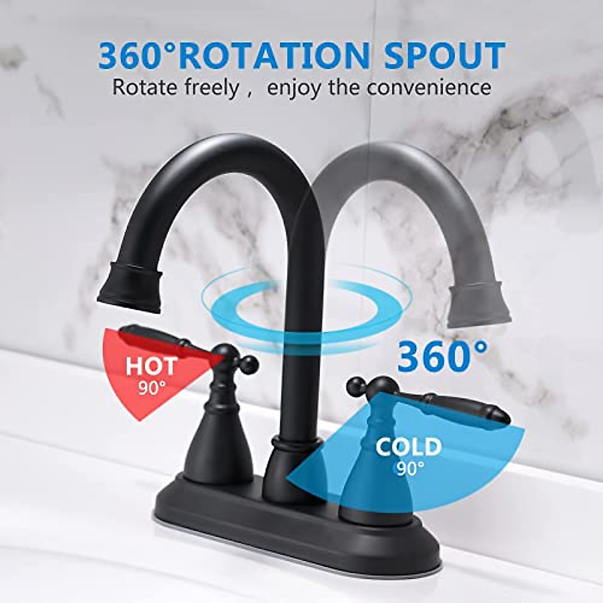 BRAVEBAR 4 Inch Bathroom Sink Faucet Black - 2 Handle Centerset Bathroom Faucets | 360° Swivel Spout Vintage Vanity Faucet Bathroom with Pop-up Drain Assembly and Water Supply Hoses Matte Black