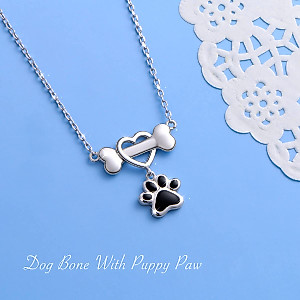 DAOCHONG 925 Sterling Silver Forever Love Heart Dog Bone with Puppy Paw Pendant Necklace for Women Dog Lover Jewelry Graduation Gifts