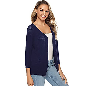 iClosam Summer Cardigans for Women Lightweight Work V Neck Knitted Cardigan 3/4 Sleeve Shrug Sweater Navy Blue