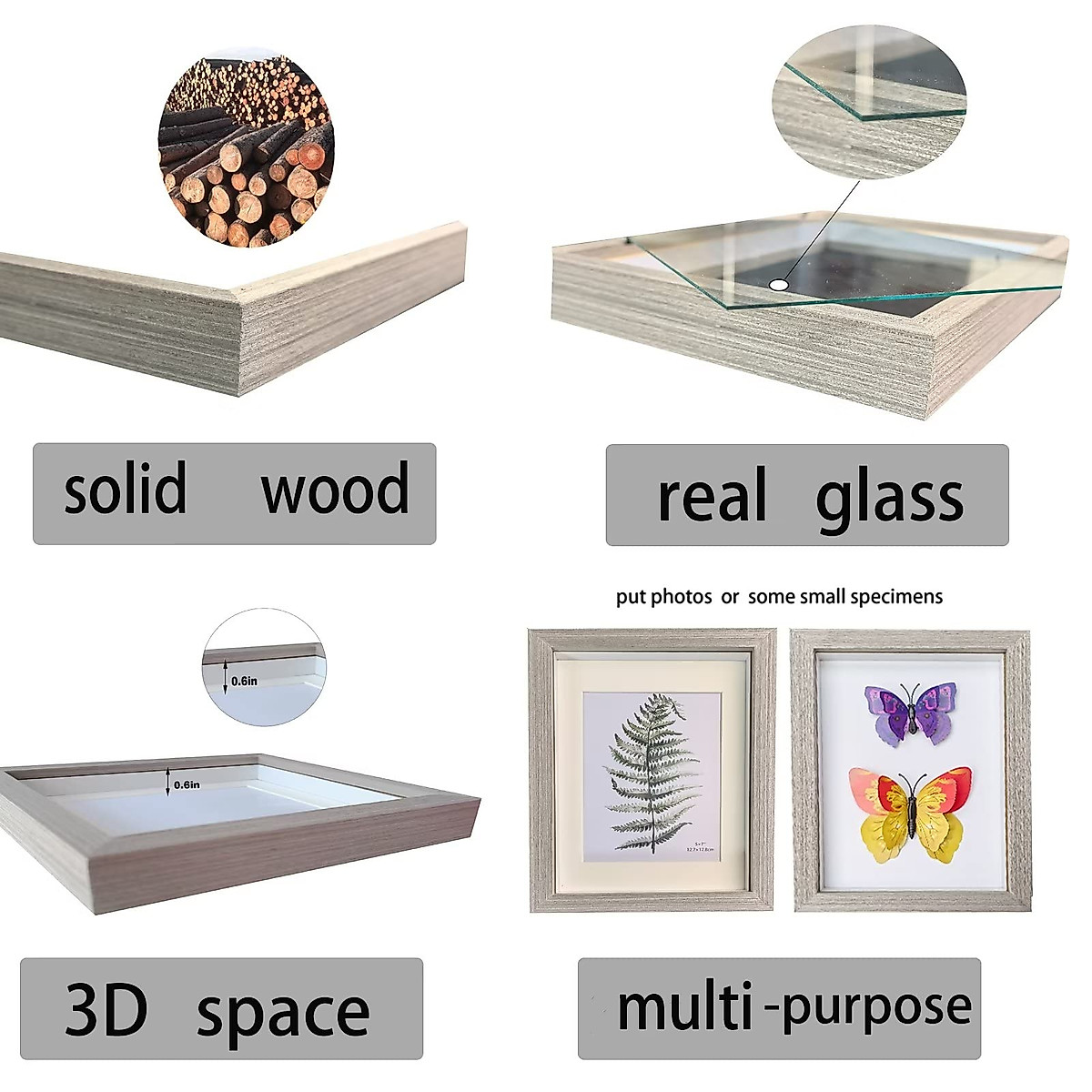 Houstimi 5x7 Shadow Box Frame Grey Picture Frame 4 Pack Photo Frames Made of Solid Wood and Real Glass Deeps 0.6in for Wall Or Tabletop