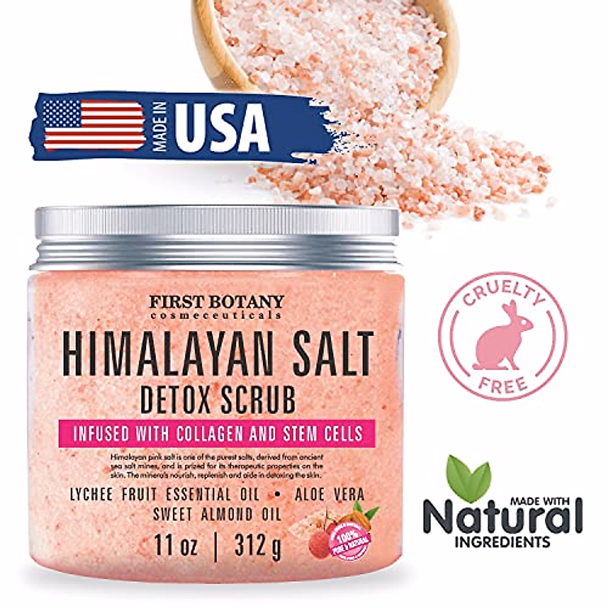 Himalayan Salt Body Scrub with Collagen and Stem Cells - Natural Exfoliating Salt Scrub & Body and Face Souffle helps with Moisturizing Skin, Acne, Cellulite, Dead Skin Scars, Wrinkles (11 oz)