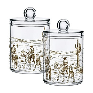 xigua Desert Cowboy Riding 2 Pack Qtip Holder Dispenser with Lid,Apothecary Jars Plastic Cotton Swabs Cans Clear Bathroom Storage Canister for Cotton Ball, Cotton Swab, Cotton Round Pads, Floss