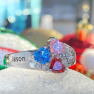 PaulaMax Jewelry Mothers Ring with 3 Birthstones – Custom Engraved Birthstone Ring for Women in Sterling Silver or White Gold – Personalized 3 Heart Birthstones, Size 7