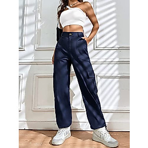 Ailsi Womens Black Casual Cargo Baggy Pants Women High Waisted Work Travel Tactical Pants with Pockets(X-Large,Navy Blue)