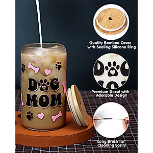 Dog Mom Gifts Beer Glass Can for Women 16oz Dog Paw Iced Coffee Cup with Bamboo Lid and Metal Straw for Dog Pets Lover Smoothie Wine Coffee Tumbler Cold Drinking Glass Birthday Gift Her Spring Summer