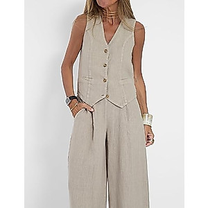 Perbai Womens V Neck Sleeveless Crop Vest Wide Leg Pants Sets 2 Piece Blazer Suits Summer Matching Sets(Beige-S)