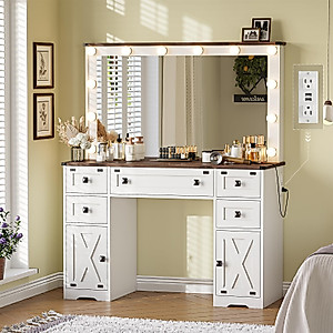 Hasuit Farmhouse Vanity Desk with LED Lights Mirror & Power Outlet 43'' Makeup Vanity Table with 5 Drawers & 2 Cabinets, Dressing Table for Bedroom,3 Color Lighting Modes Adjustable Brightness,White