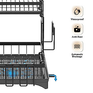 Iwaiting Outdoor Dish Drying Rack, 2 Tier Dish Dryer Rack for More Space Saving, Large Dish Rack with Sink Drainer, Durable Metal Dishrack Set, Dish Racks for Kitchen Counter Black