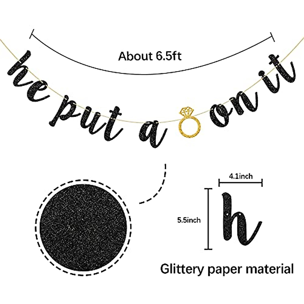 He Put A Ring On It Banner, Black Glitter Engagement Party Decoration Sign for Wedding, Bachelorette, Bridal Showers Party Supplies