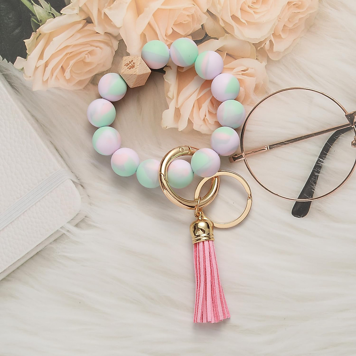Mothers Day Gift Portable House Car Keys Ring Holder, Elastic Beaded Silicone Bracelet Bangle Wristlet Keychains W/Tassel