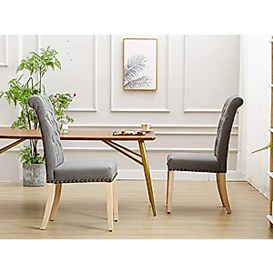 Luxuriour Fabric Dining Chairs with Copper Nails and Solid Wood Legs Set of 2 (Dark Grey)