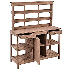 Polibi Potting Bench Table with 4 Open Shelves and 2 Drawers, 66" Large Farmhouse Wooden Outdoor Patio Workstation, Garden Potting Bench with Cabinet for Backyard, Mudroom (Brown)