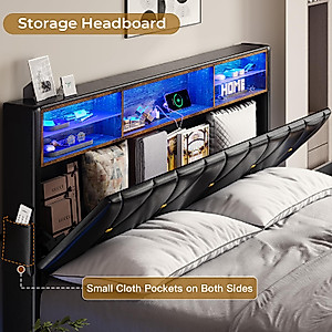 BTHFST Full Size Bed Frame with LED Lights & Charging Station, LED Bed Frame Full Size with Headboard Storage, Faux Leather Upholstered Bed with Shelf Headboard, No Box Spring Needed, Black PU