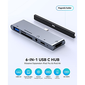 iPad Pro USB C HUB, 6-in-1 iPad Adapter (Attach Magnetically) with 60W Power Delivery, 4K HDMI, Audio, USB 3.0, SD and MicroSD Slots, for iPad Pro 2021 2020 11 12.9/iPad Air 5/iPad Mini 6 Accessories