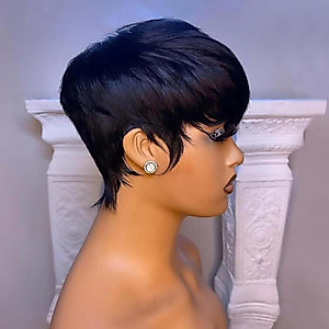 Evasens Pixie Cut Wigs Human Hair Short Wigs for Black Women Human Hair Pixie wig with Bangs Short Black Wig Layered Wigs Daily Wear (1B#ZZ)