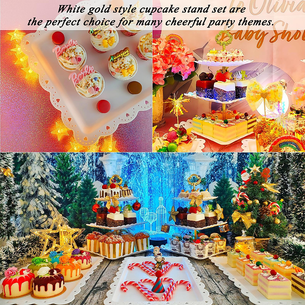 Dessert Table Display Set, 5 Pcs Cupcake Stand Set, Yuugitil White Gold Square Cupcake Tower & 14.5" Appetizer Serving Trays for Party, 3 Tier Cupcake Holder for Wedding Birthday Baby Shower