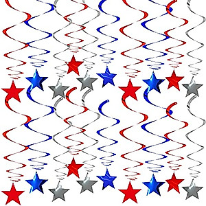 YSSAI 30 Pcs Patriotic Star Hanging Swirls Decorations Swirls with Red Blue Silver Stars Ceiling Hanging Ornaments for 4th of July Independence Day Memorial Day Graduation Party Supplies