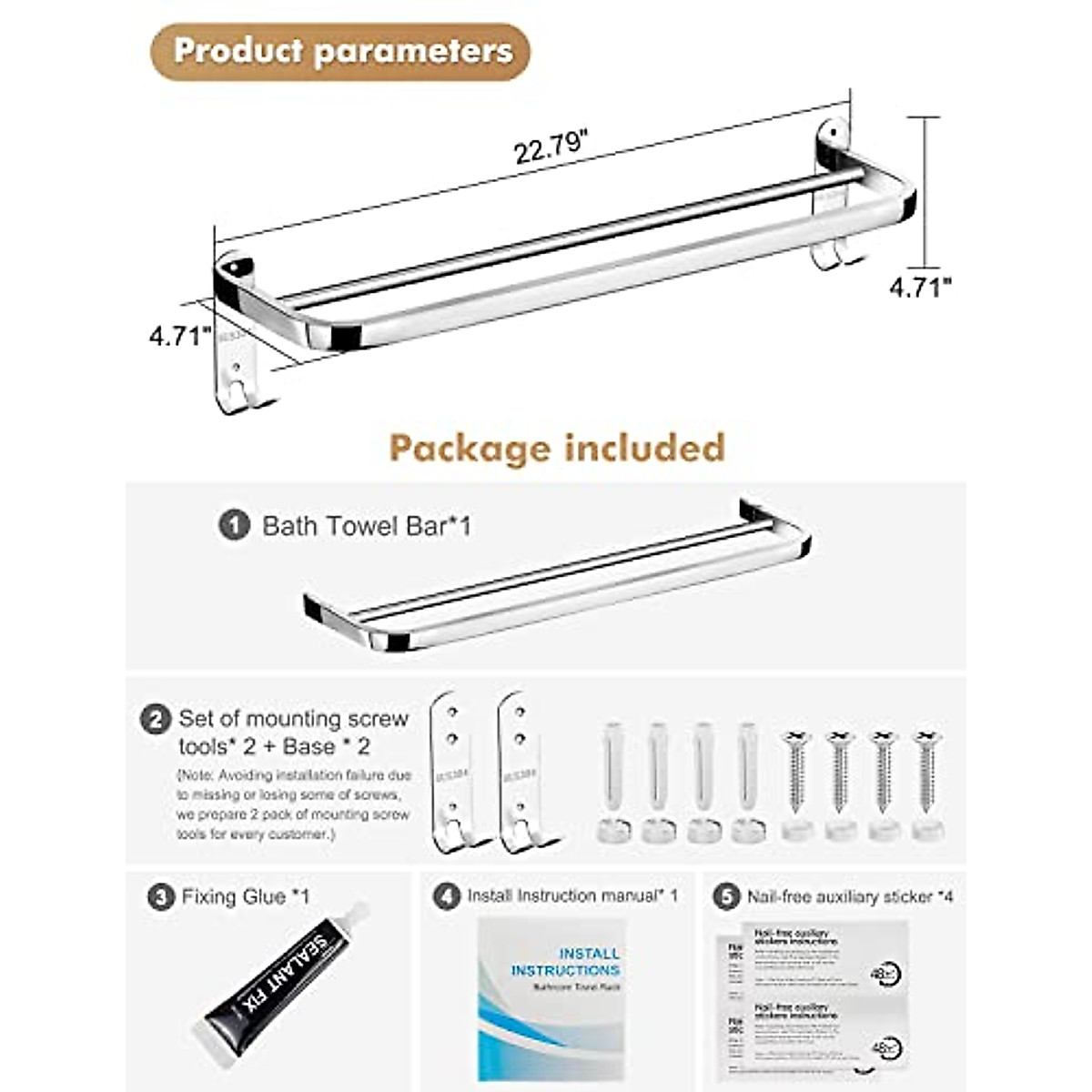 IKITCHEN Towel Racks for Bathroom, Stainless Steel Towel Holder Wall Mounted with 2 Hooks, Bathroom Shelf with Towel Bar 23Inch Polished Silver