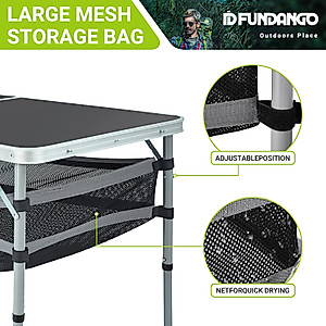 FUNDANGO Height Adjustable Portable Lightweight Folding Camping Table with Layer Mesh Storage Fold Up Foldable Collasible with Handle for Outdoor, Indoor, Beach, BBQ, Picnic,Travel