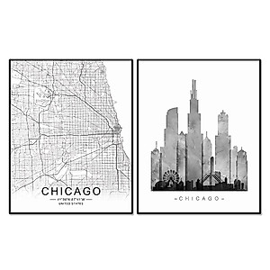 Chicago Skyline, Chicago Wall Art, Chicago Street Map, Watercolor Skyline Print, Building Wall Decor, Office Wall Art, Map Print, Set of 2 Prints, 11X14 Inch Unframed