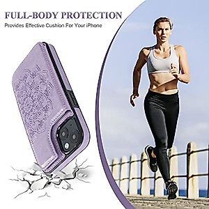 JAROIE Wallet Case for iPhone 13 with 3 Card Slots Embossed Mandala Pattern Flowers Magnetic Buttons Flip Faux Leather Cover Shockproof 2021 6.1 Inch (Purple)