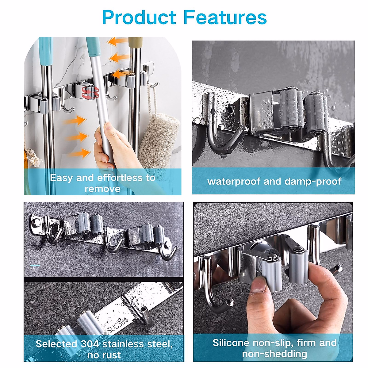 CasaVibe Wall mounted broom and mop holder, no-punch self-adhesive stainless steel heavy duty broom holder for kitchen, garden, laundry and garage (3 racks 4 hooks)