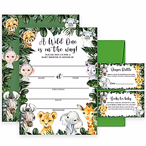 Yuzioey 50 Safari Baby Shower Invitations, Jungle Animals Invitations Macthing Envelpoes, Diaper Raffle Tickets, Book Request Cards, Safari Animals Invitations