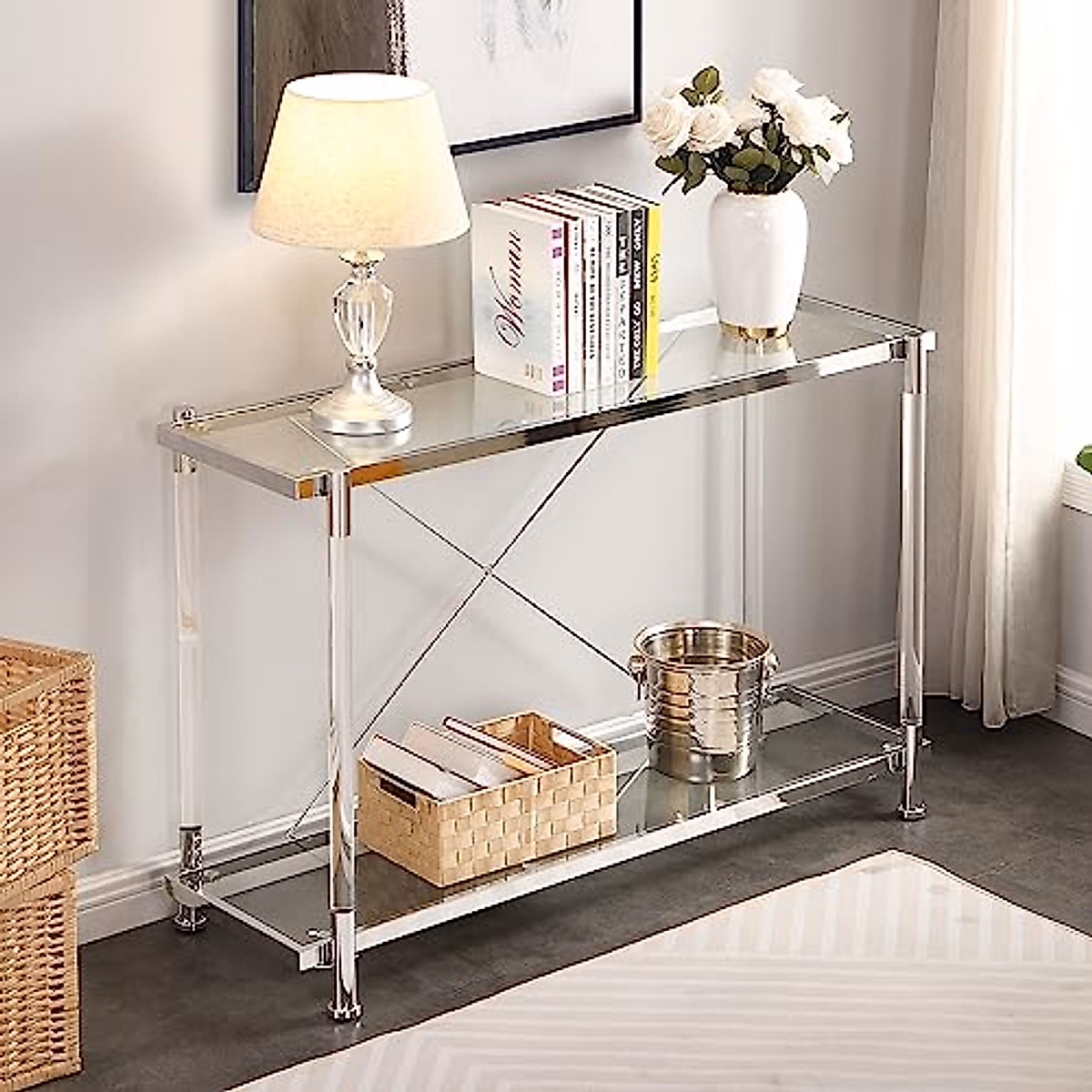 Sybrioka Glass Console Tables for Entryway, Acrylic Chrome Silver Sofa Side Table Metal Leg, Long Narrow Entryway Table for Small Space Hallway Living Room (Silver, Entryway Table)