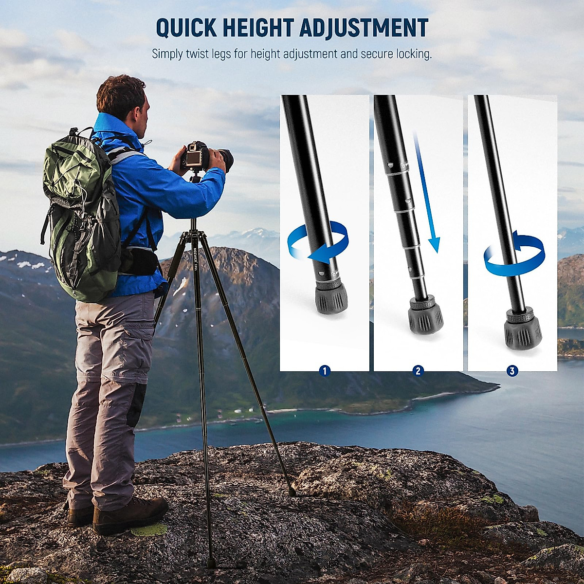 NEEWER 61.4" Video Travel Tripod with +/-10° Leveling Base Fluid Head (⌀37mm), Compact Metal Camera Tripod Stand with Quick Release Reversible Legs & Detachable Center Column, Arca Plate, TP61