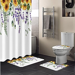 MUSEDAY 4Pcs Shower Curtain Sets with Non-Slip Bath Rugs, Absorbent Toilet Lid Cover Flowers Durable Waterproof Bath Curtain Decor Set Sunflower Lavender Flower Eucalyptus Leaves