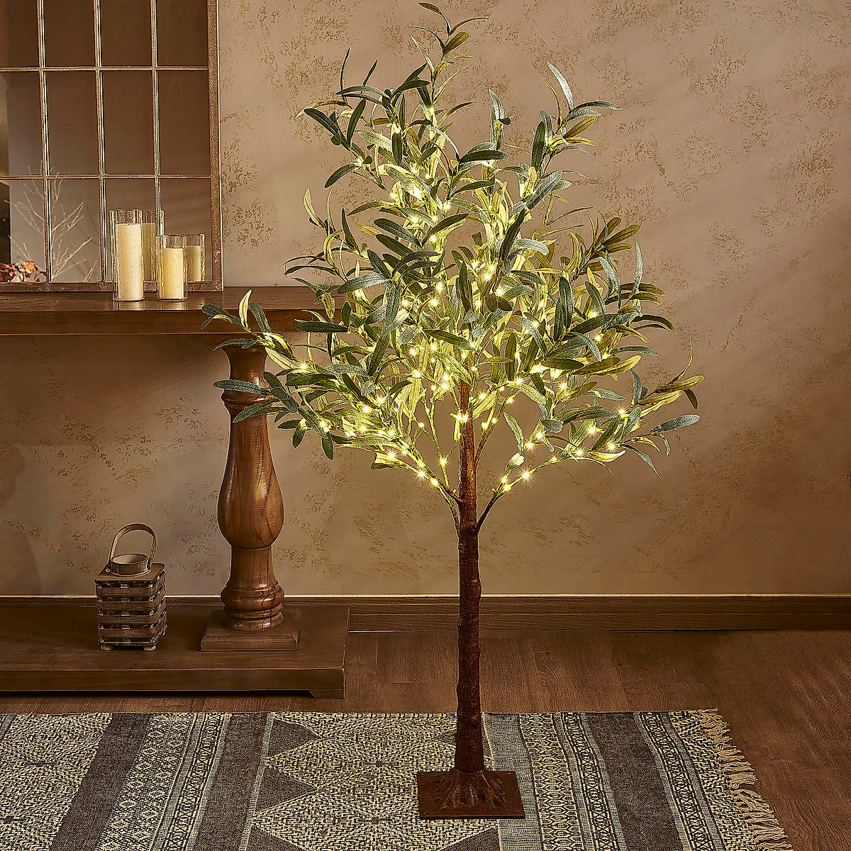 Hairui Lighted Olive Tree Plug-in 4FT 160 Warm White LED Artificial Greenery Tree with Lights for Wedding Christmas Holiday Home Decoration