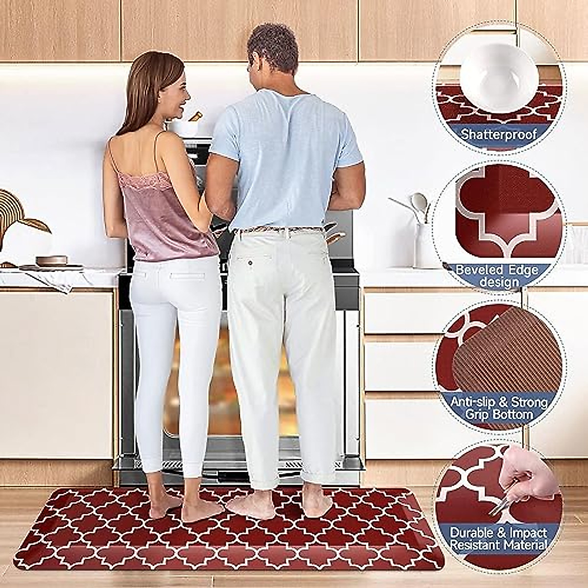 RAYPUR 0.47 InchThick Anti Fatigue Mat ， Heavy Duty PVC Waterproof Non-Slip Memory Foam Kitchen Mat ， for Kitchen, Office, Sink,Red-17.3×47""