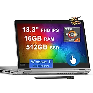 Lenovo ThinkPad L13 Yoga Gen2 2-in-1 Laptop 13.3" FHD IPS Touchscreen AMD 6-Core Ryzen 5 PRO 5650U (>i7-1165G7) 16GB RAM 512GB SSD Fingerprint USB-C Long Battery Life Pen Win11Pro Silver + HDMI Cable