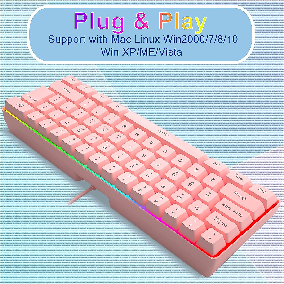 60% Wired Gaming Keyboard, RGB Backlit Ultra-Compact Mini Keyboard, Mechanical Feeling Membrane Mini Compact 61 Keys Keyboard for PC/Mac Gamer, Typist, Travel, Easy to Carry on Business Trip(Pink)