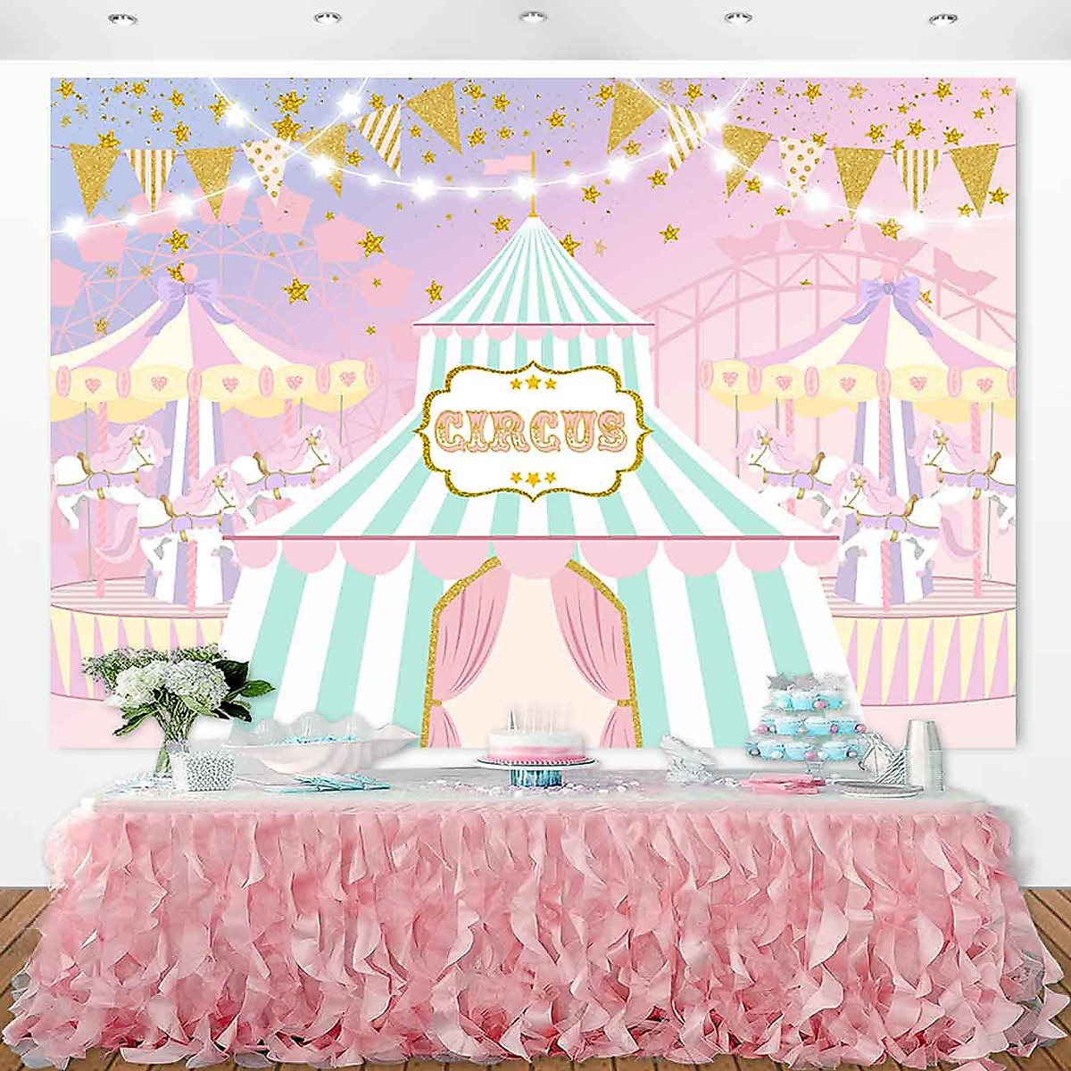 Ayayiya Pink Circus Backdrop for Girl Pastel Carnival Carousel Birthday Party Decorations Big Top Tent Ferris Wheel Photography Background Sweet Baby Shower Cake Table Banner Photo Booth Props 7x5ft
