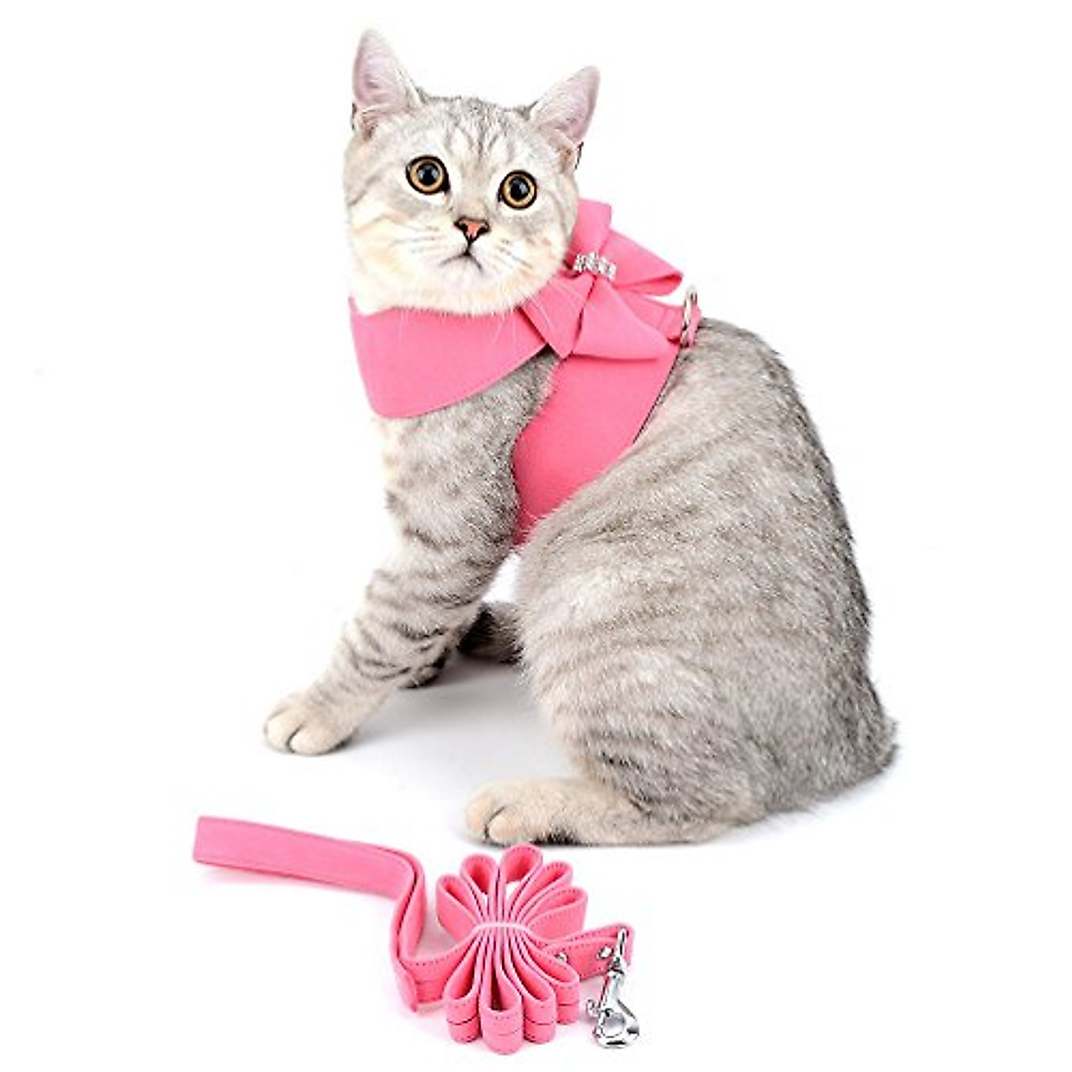 SELMAI Small Pet Dog Cat Bling Rhinestone Harness and Leash Set Bow Girls Soft Ultra Suede Leather, Adjustable/No Pull Pink L