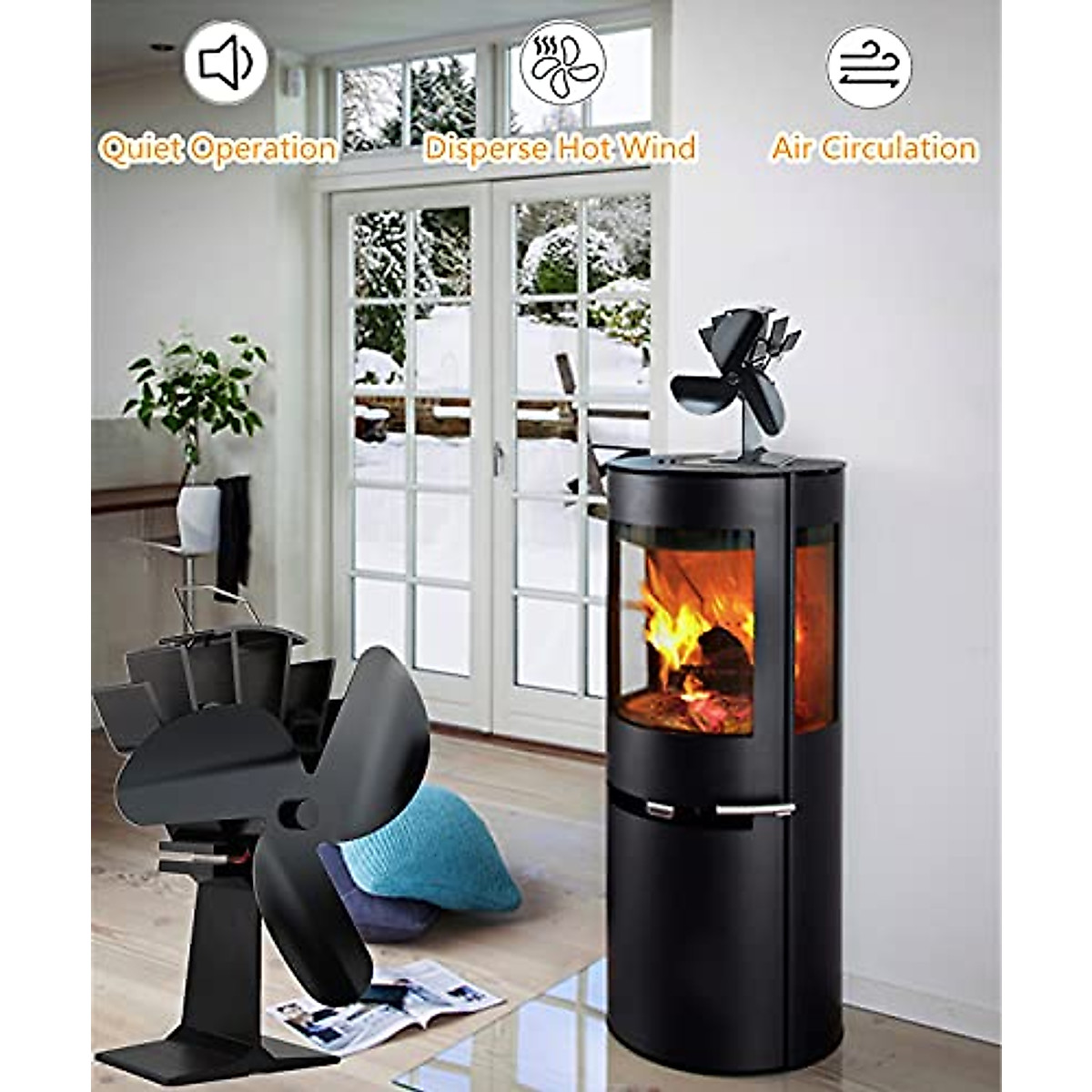 HEUNGBERANT Wood Burning Stove Fan Heat Powered Fireplace Fan for WoodLog BurnerFireplace, Black… (3 blades)