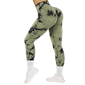 RXRXCOCO Women Scrunch Butt Lifting Leggings Seamless High Waisted Leggings Tummy Control Yoga Pants Compression Workout Tights Medium Tie Dye Green