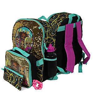 LOL Dolls 5 Piece Backpack Set for Girls, Brush Glitter Sequin School Bag with Front Panel and Mesh Pockets, Insulated Lunch Box, Water Bottle, Pencil Case and Hair Scrunchie, Black and Gold