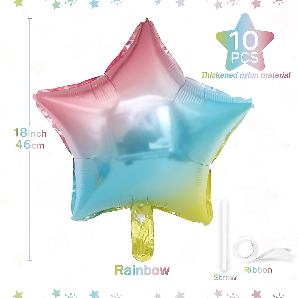 Rainbow Star Balloons 18 Inch, 10 Pcs Gradient Star Shaped Mylar Helium Foil Metallic Balloon for Birthday Party Decorations Baby Shower Wedding Anniversary Backdrop Party Supplies